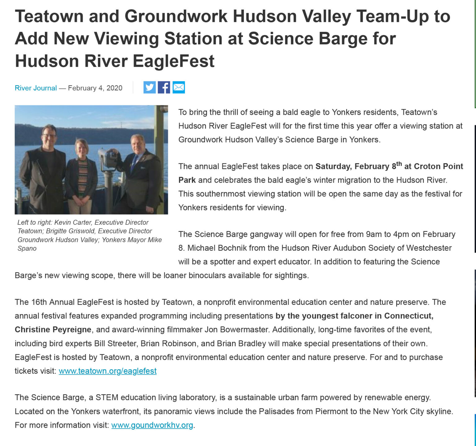 River Journal: New Viewing Station at Science Barge - Groundwork Hudson ...